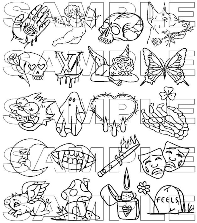 20 Designs Tattoo Flash Sheet | Stencil Ready Designs | Original Linework | Digital Download - Etsy