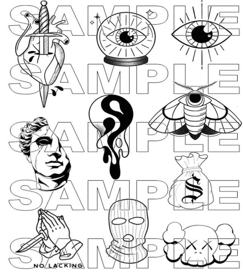 10 Designs Tattoo Flash Sheet | Stencil Ready Designs | Original Linework | Digital Download ...