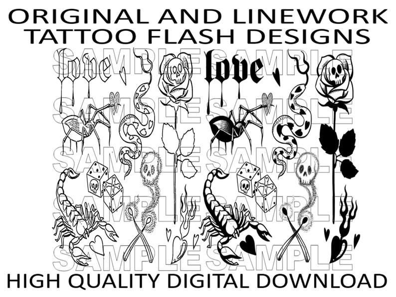 8 Designs Tattoo Flash Sheet | Stencil Ready Designs | Original ...