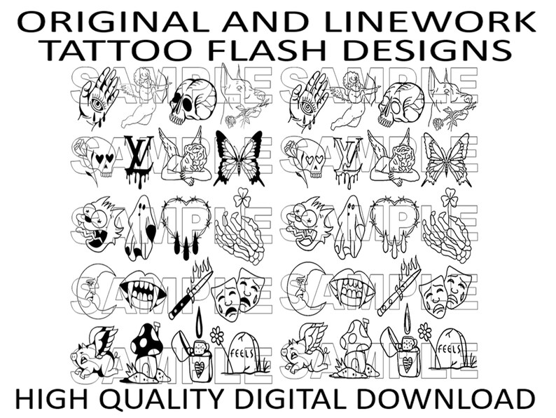 20 Designs Tattoo Flash Sheet | Stencil Ready Designs | Original ...