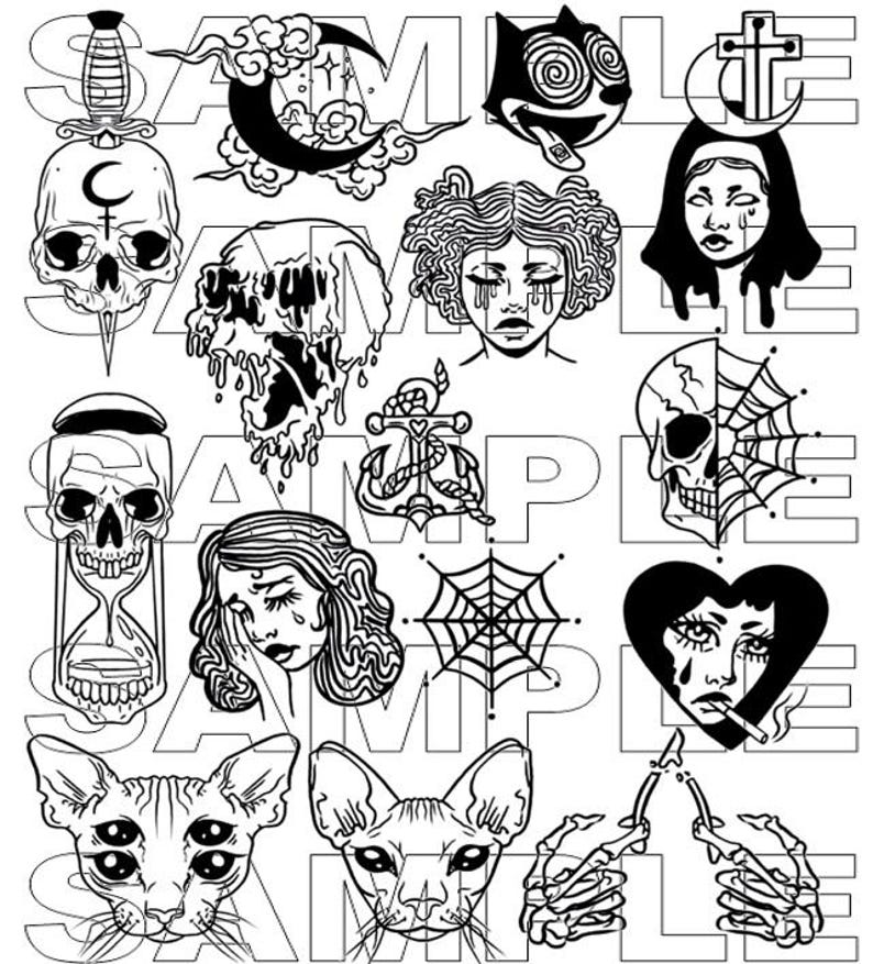 15 Designs Tattoo Flash Sheet | Stencil Ready Designs | Original Linework | Digital Download ...