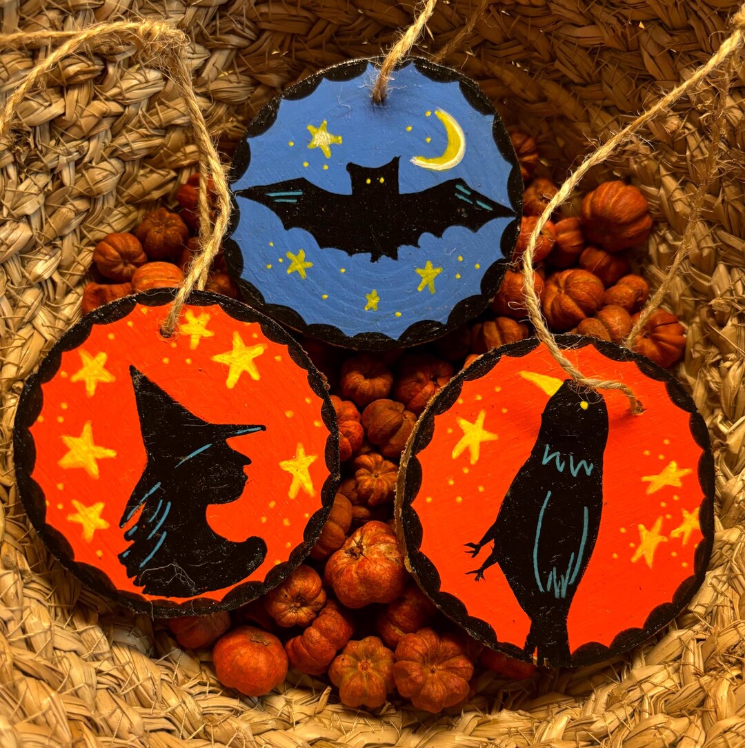 Set of 3 Hand Painted Original Halloween Witch Bat Crow Ornaments Super ...