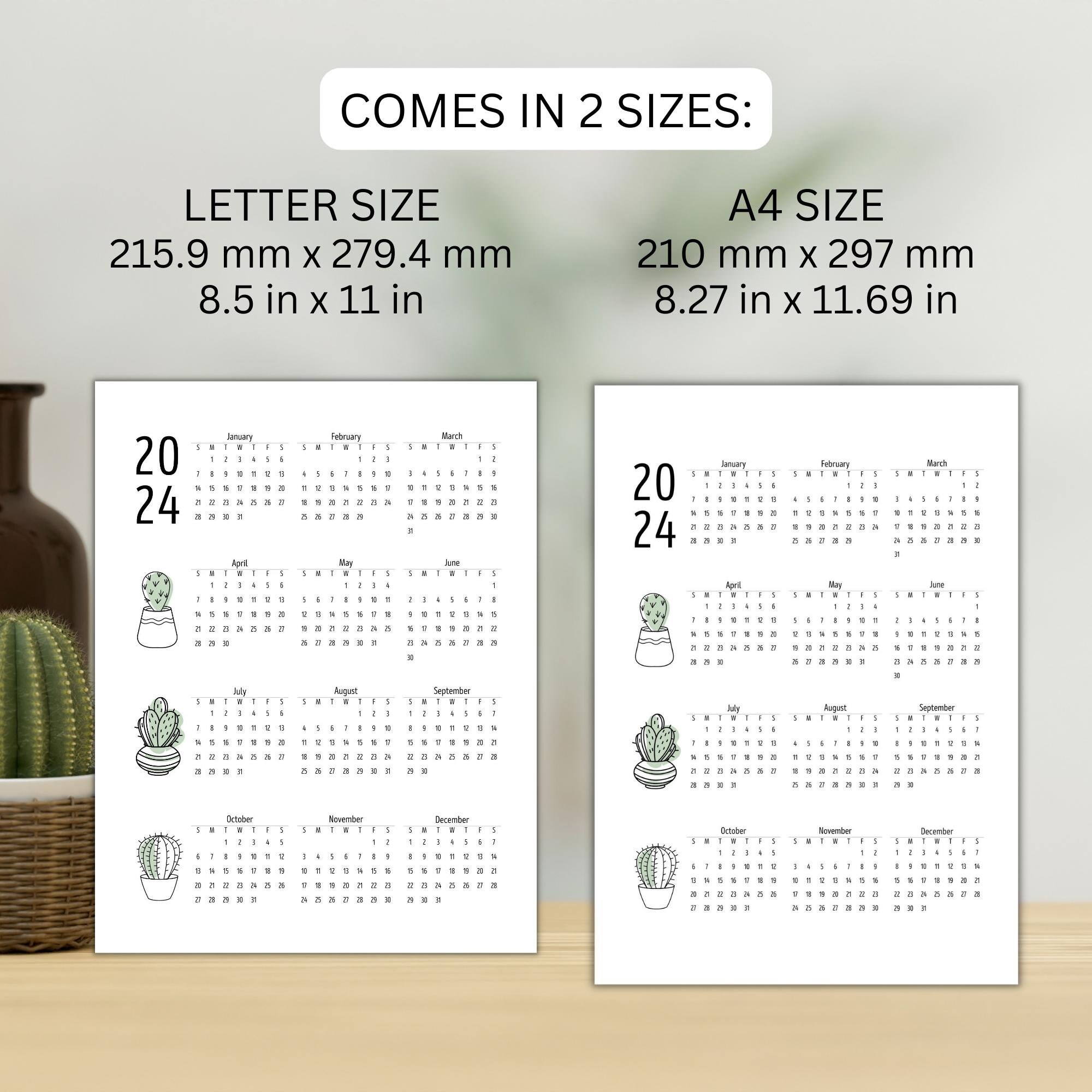 2023 & 2024 Yearly Calendar Printable, Cactus Plants Minimalist ...