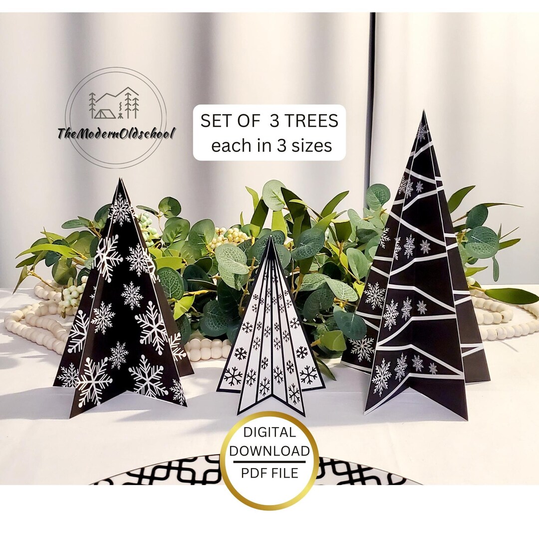 Printable Black and White Christmas Trees, 3D Christmas Tree Templates ...