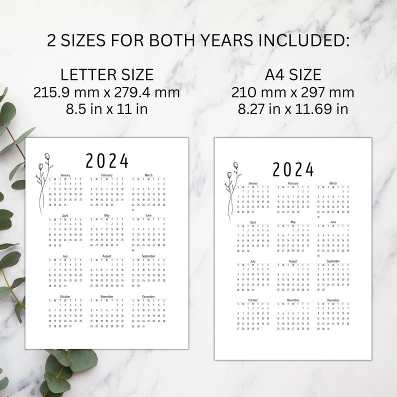 2023 & 2024 Yearly Calendar Printable, Elegant Floral Minimalist ...