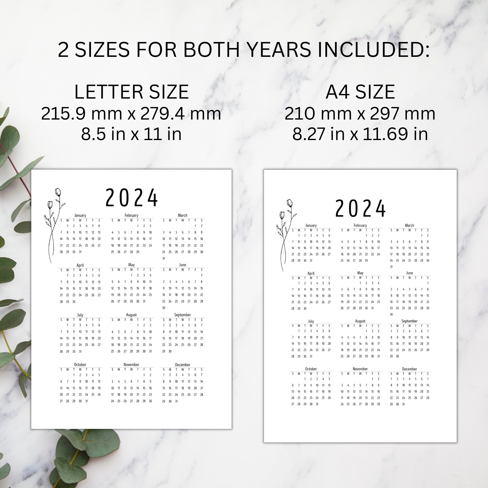 2023 & 2024 Yearly Calendar Printable, Elegant Floral Minimalist ...