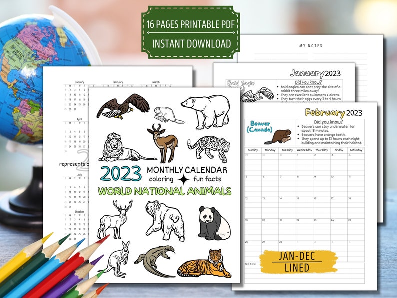 NEW 2023 Calendar Lined Printable World National Animals Coloring and ...