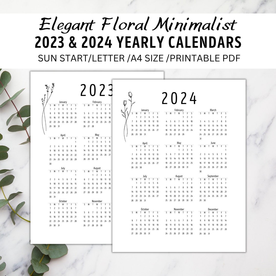 2023 & 2024 Yearly Calendar Printable, Elegant Floral Minimalist ...