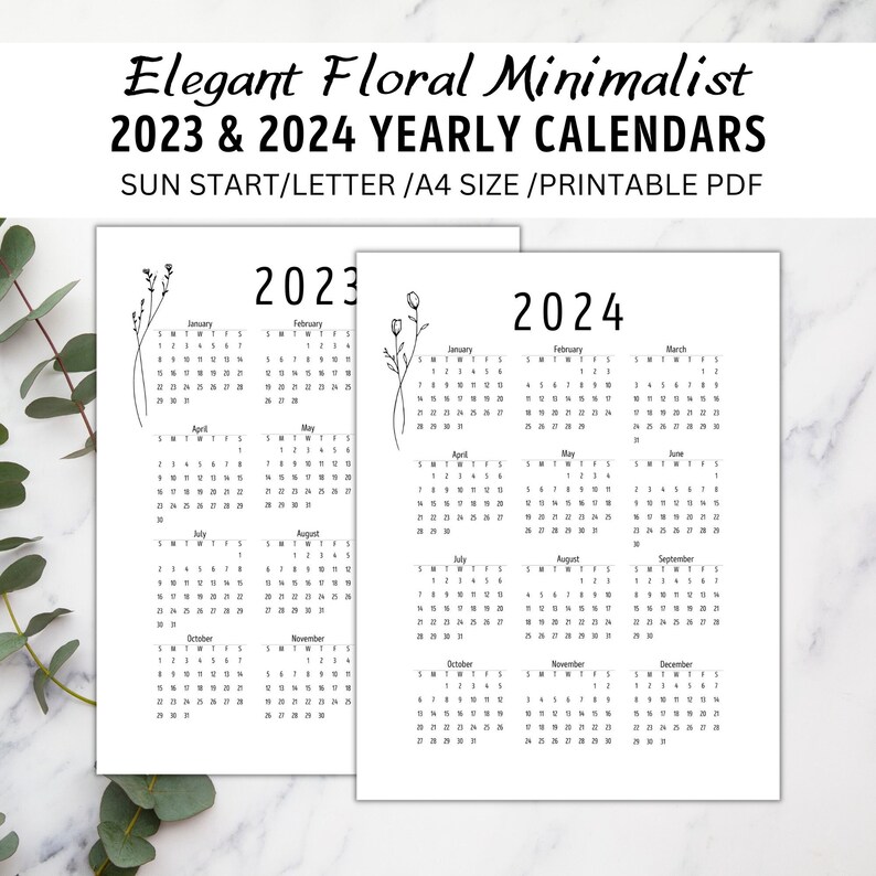 2023 & 2024 Yearly Calendar Printable, Elegant Floral Minimalist ...