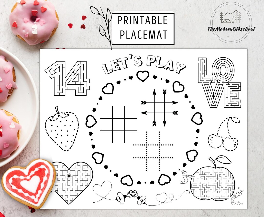 Kids Valentine Activity Placemat Printable, Valentine's Day Coloring ...