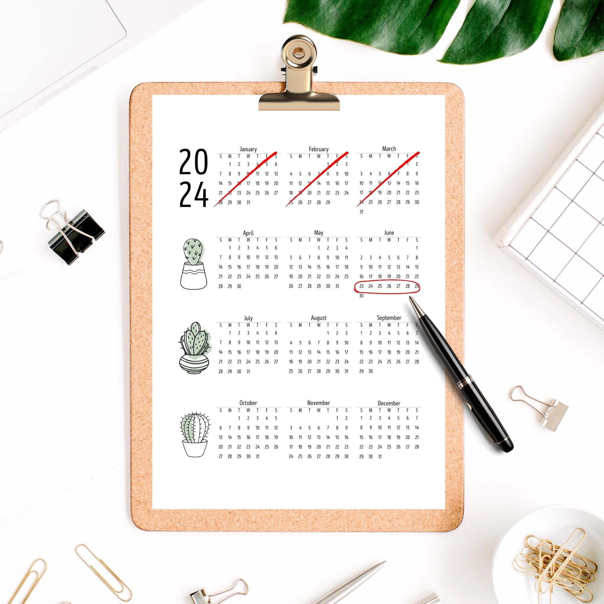 2023 & 2024 Yearly Calendar Printable, Cactus Plants Minimalist ...