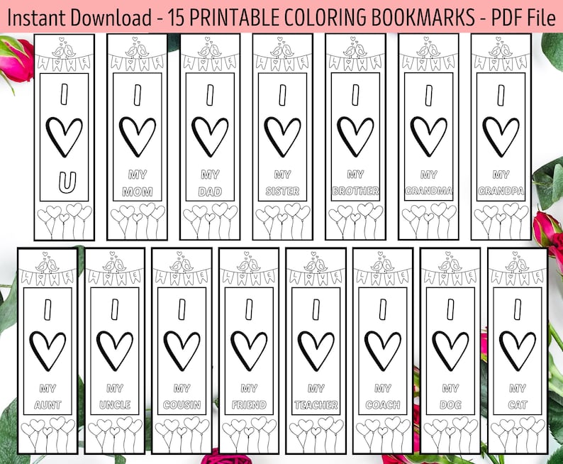 Printable Coloring Bookmarks I Love You Set, Valentine's Day Bookmarks ...