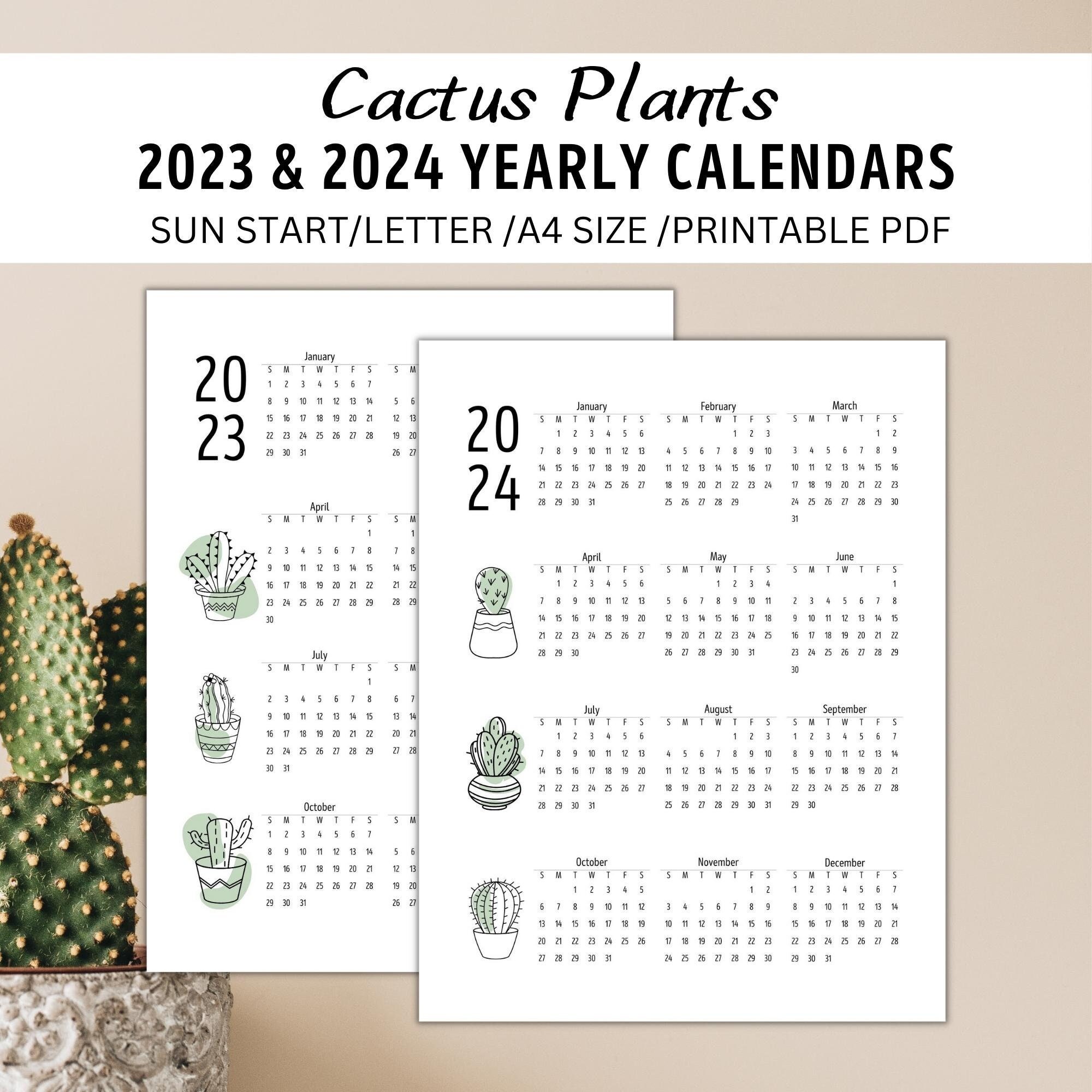 2023 & 2024 Yearly Calendar Printable, Cactus Plants Minimalist ...