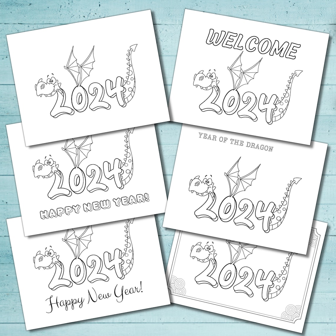 Cute Year of the Dragon Printable Coloring Set, 2024 New Year Coloring ...