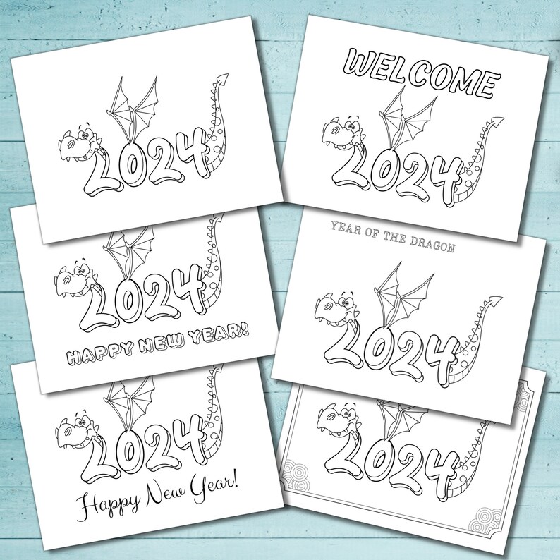 Cute Year of the Dragon Printable Coloring Set, 2024 New Year Coloring ...