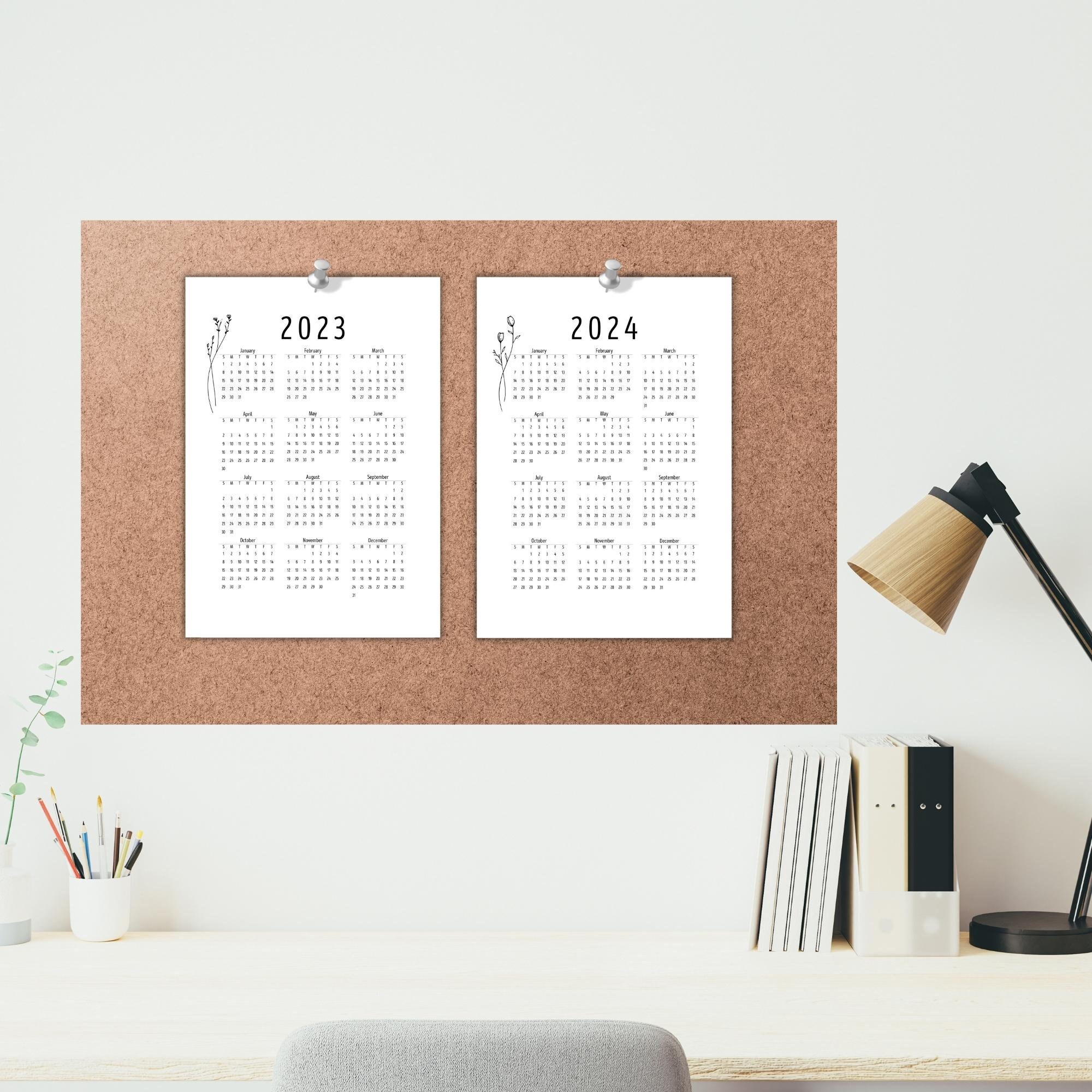 2023 & 2024 Yearly Calendar Printable, Elegant Floral Minimalist ...