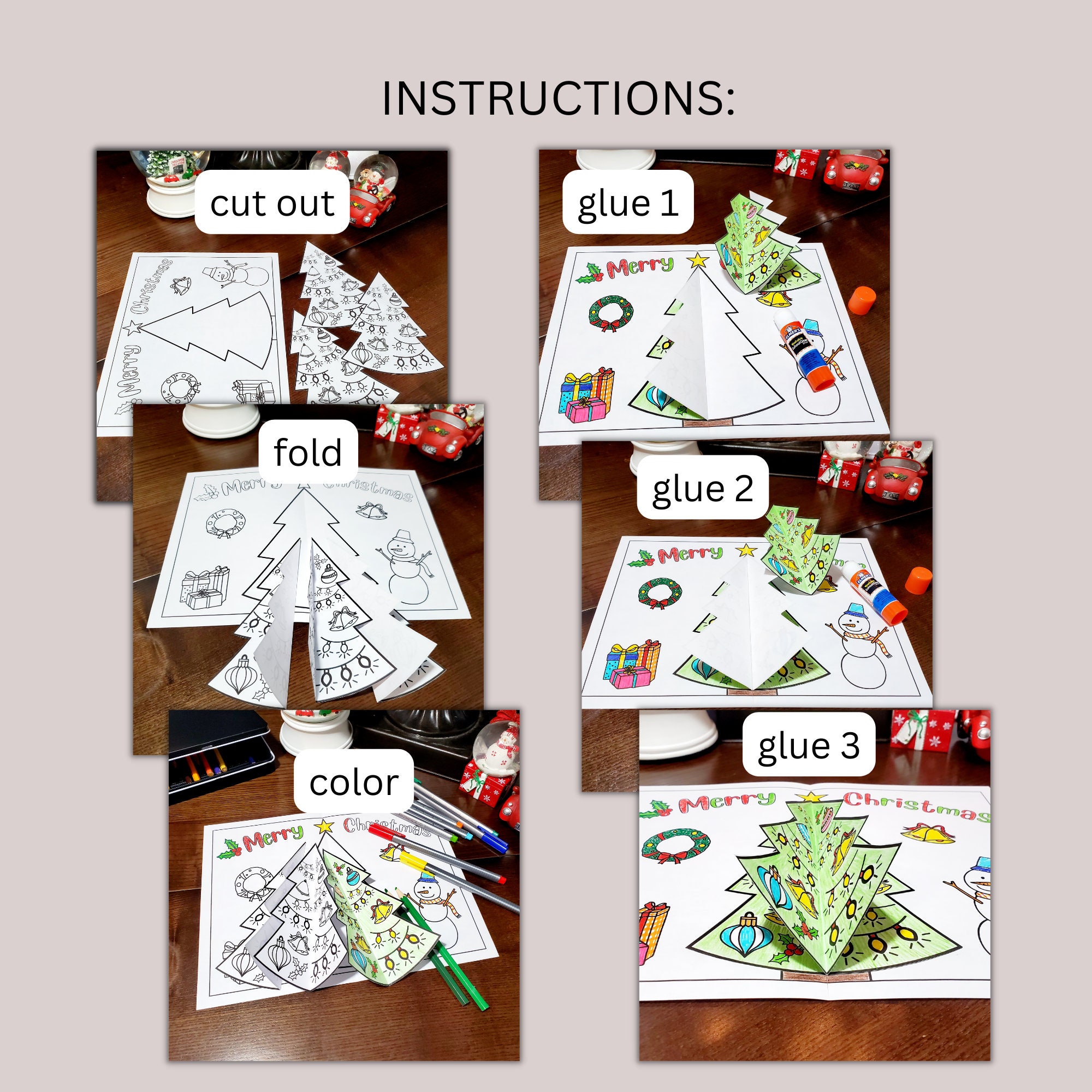 Christmas Tree Popup Cards, Printable Coloring Activity for Kids, DIY ...