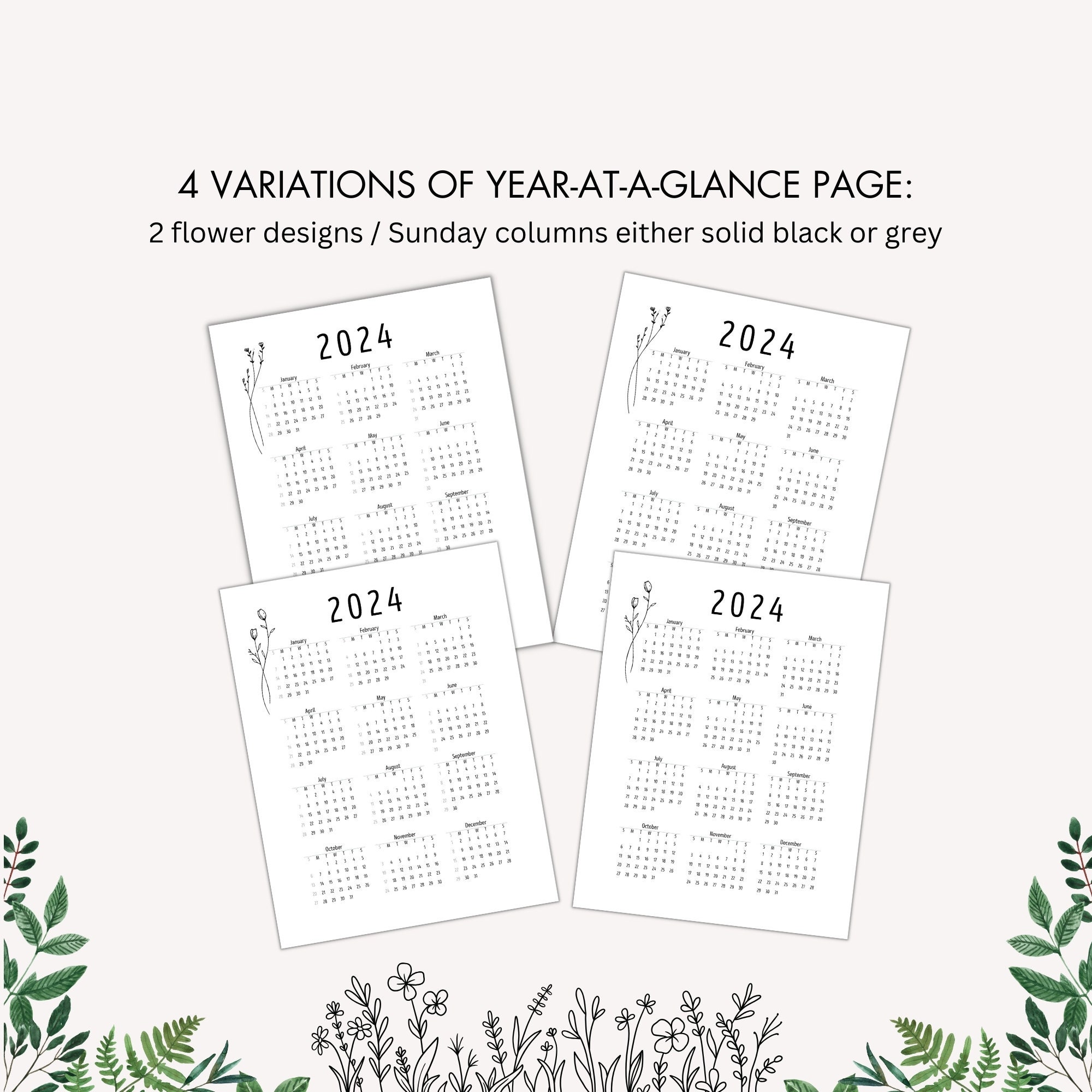2024 Floral Inspirational Calendar Printable, Year at a Glance and ...