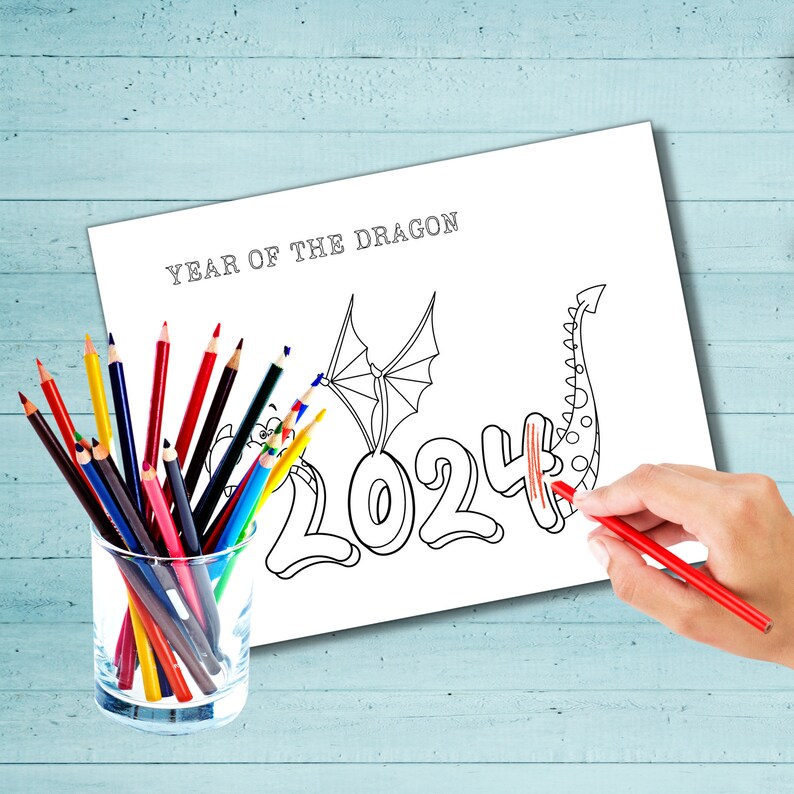Cute Year of the Dragon Printable Coloring Set, 2024 New Year Coloring ...