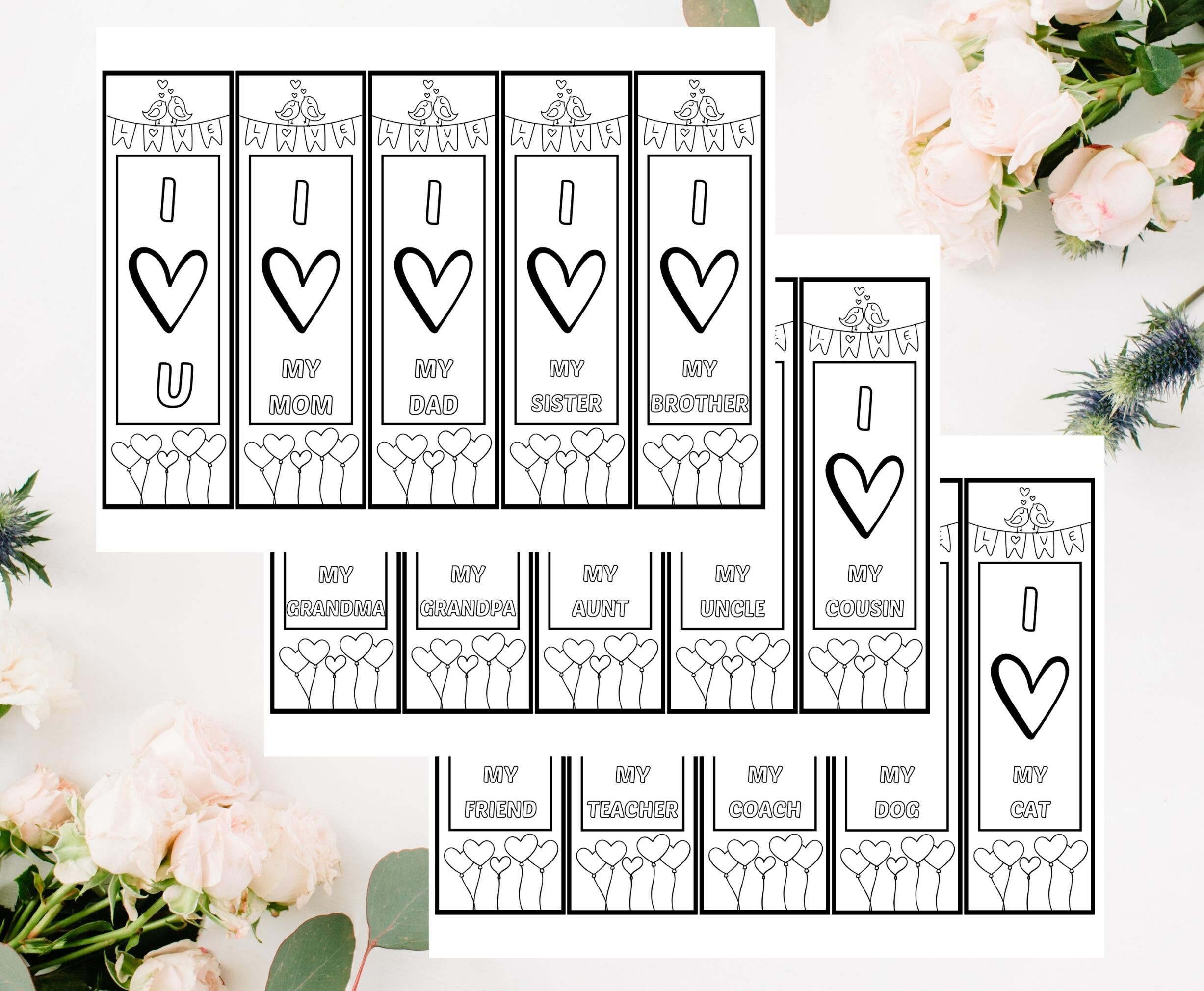 Printable Coloring Bookmarks I Love You Set, Valentine's Day Bookmarks ...