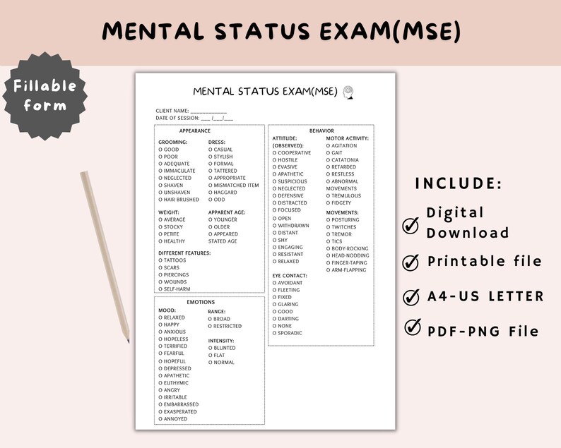 Mental Status Exam (MSE), Fillable Mental Health Assessment Tool ...