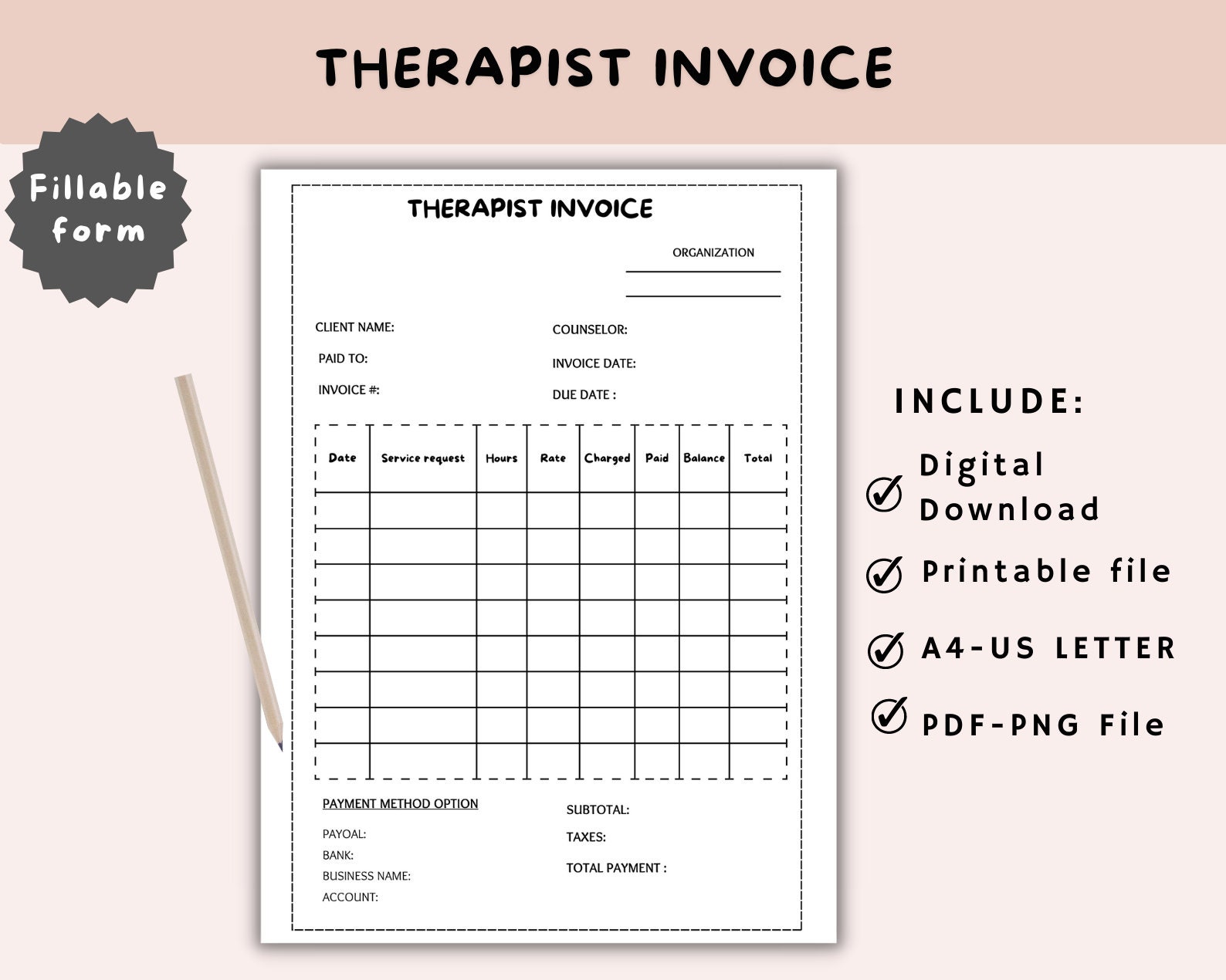 Invoice Template for Therapist | Fillable & Printable Invoice Template ...