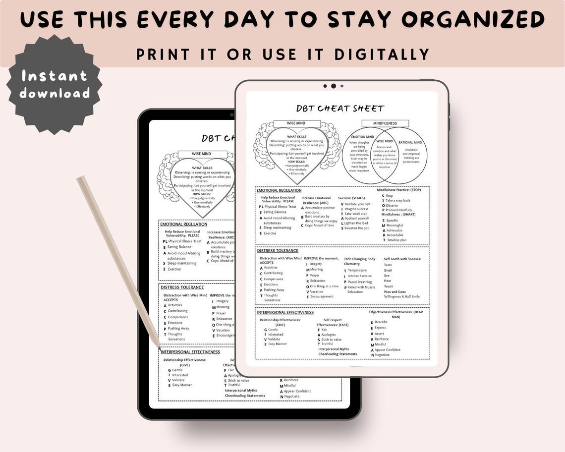 Dbt Cheat Sheet, DBT Coping Skills Card, DBT Mental Health Therapy Tool ...