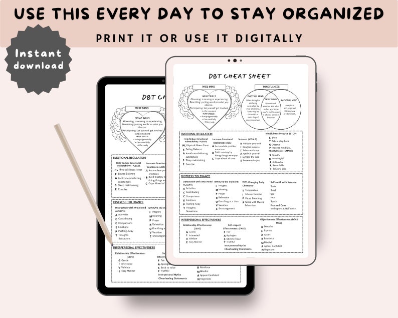 Dbt Cheat Sheet, DBT Coping Skills Card, DBT Mental Health Therapy Tool ...