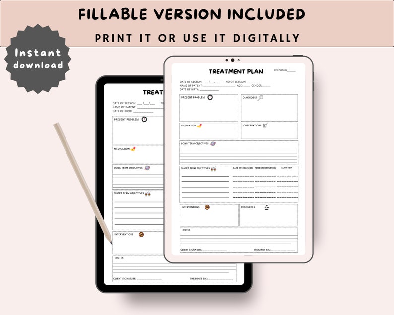 Treatment Plan Template for Therapists | Printable & Fillable ...