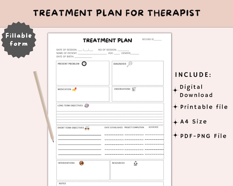 Treatment Plan Template for Therapists | Printable & Fillable ...