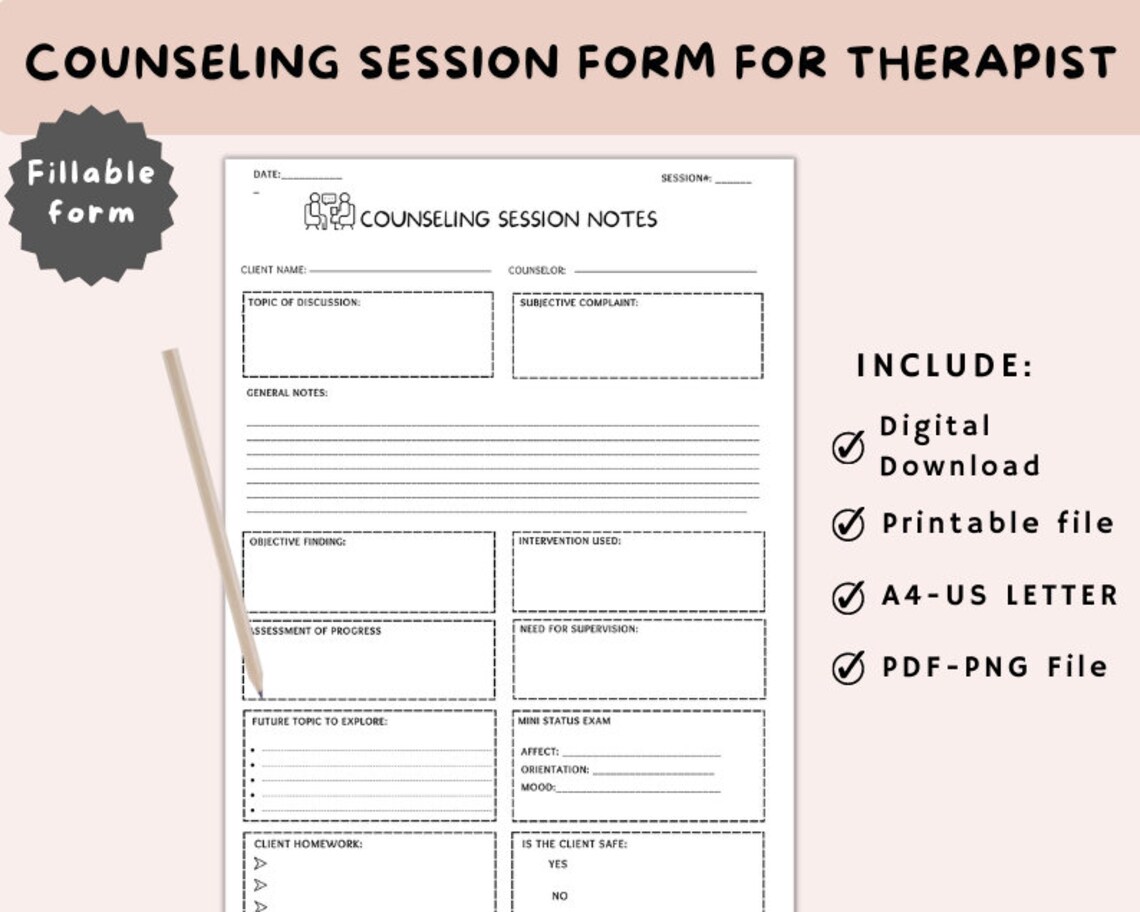 Counseling Session Notes for Therapist | Counseling Review Form ...