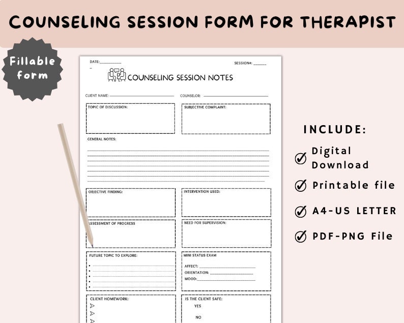 Counseling Session Notes for Therapist | Counseling Review Form ...