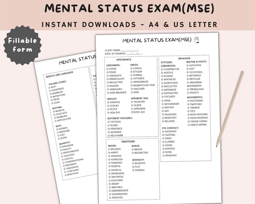 Mental Status Exam (MSE), Fillable Mental Health Assessment Tool ...