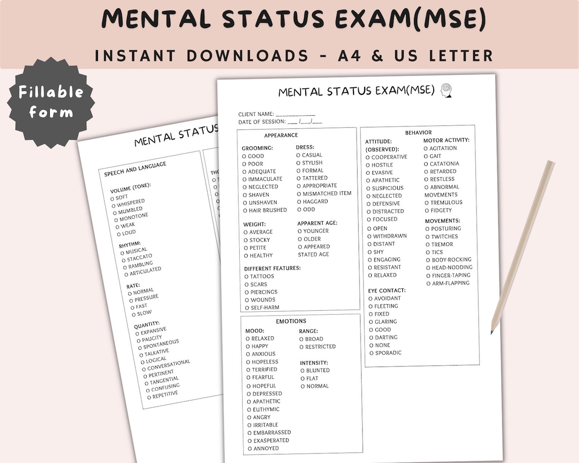 Mental Status Exam (MSE), Fillable Mental Health Assessment Tool ...