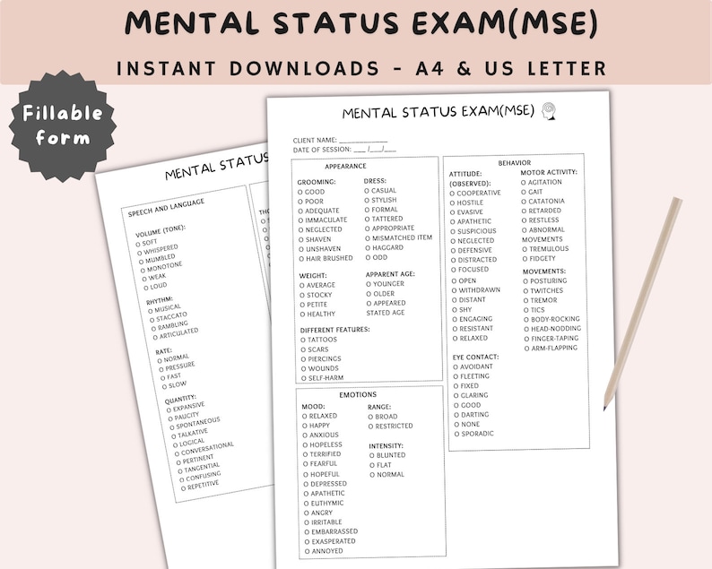 Mental Status Exam (MSE), Fillable Mental Health Assessment Tool ...