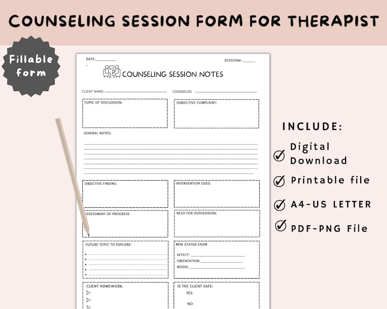Counseling Session Notes for Therapist | Counseling Review Form ...