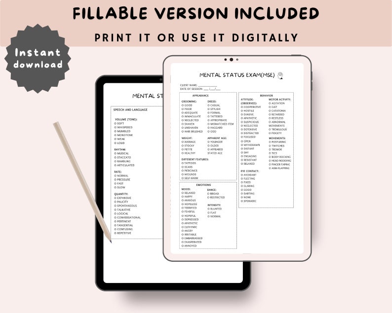 Mental Status Exam (MSE), Fillable Mental Health Assessment Tool ...