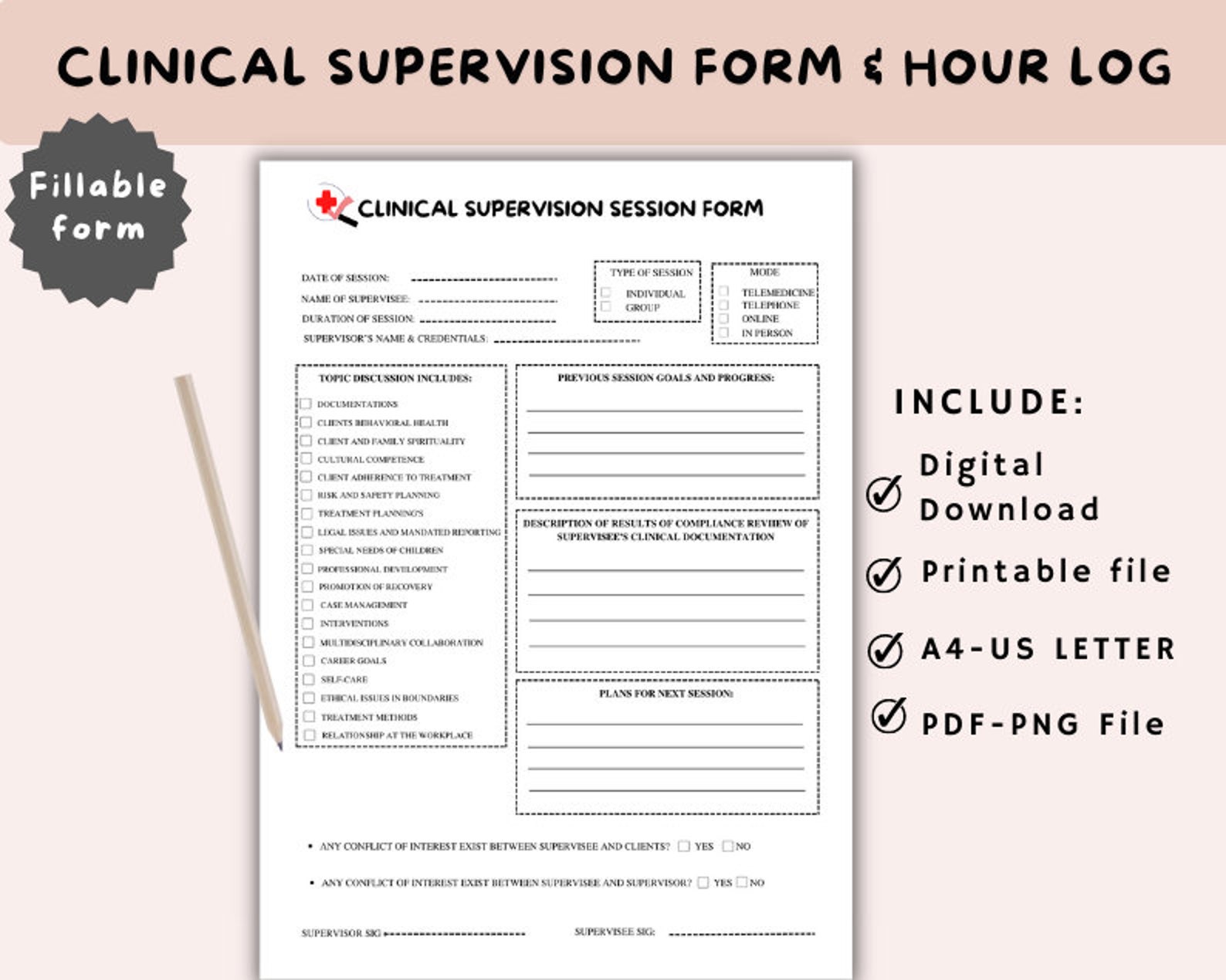 Clinical Supervision Form and Hour Log | Clinical Licensure Hours ...