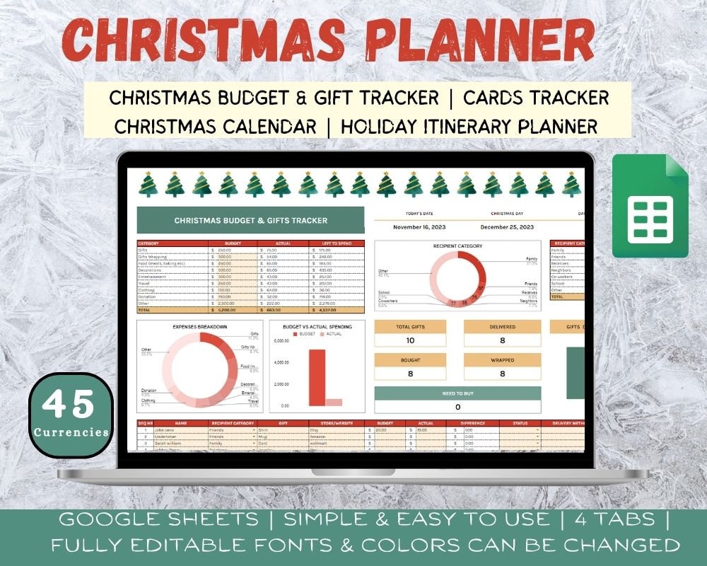 Christmas Planner Spreadsheet, Cards Tracker, Tracker Google Sheets ...