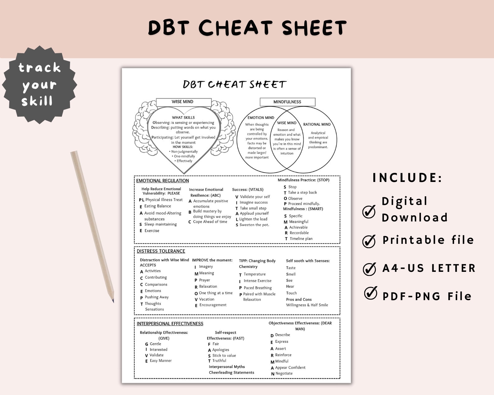 Dbt Cheat Sheet, DBT Coping Skills Card, DBT Mental Health Therapy Tool ...