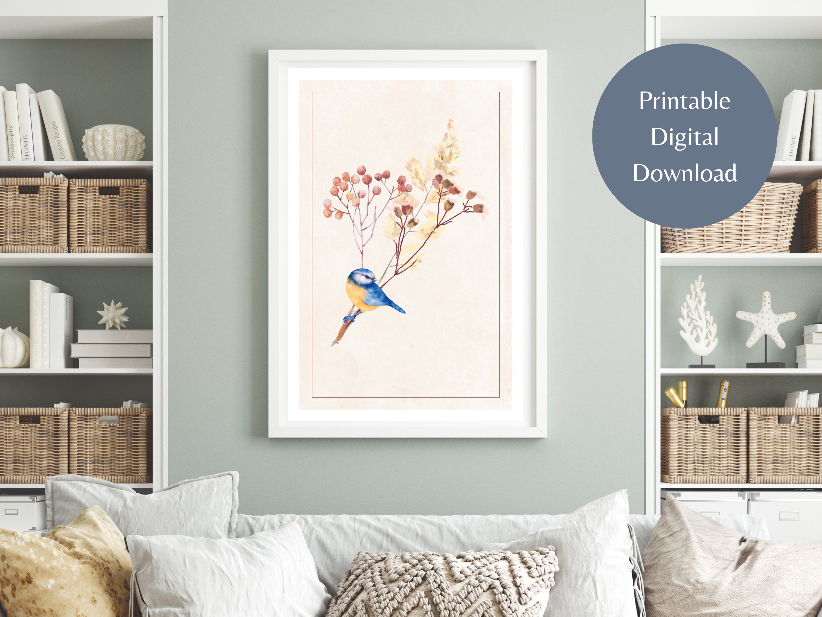 Antique Blue Bird Print, Traditional Home Decor, Bird Sketch Print ...