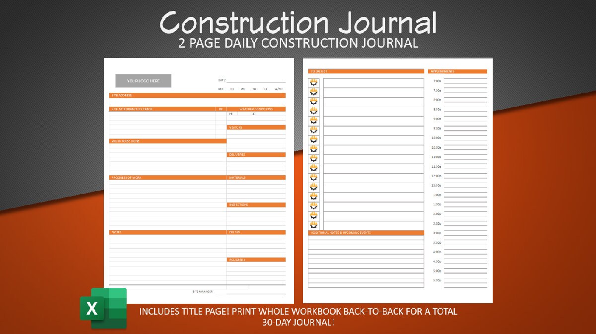 Construction Journal 30 Day, Excel Editable With Cover Page - Etsy