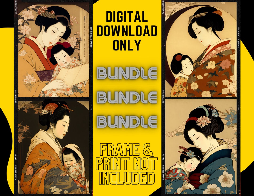 Japanese Mother and Child Digital Download Bundle Wall Decor Home Decor Wall Art Print Ukiyo-e ...
