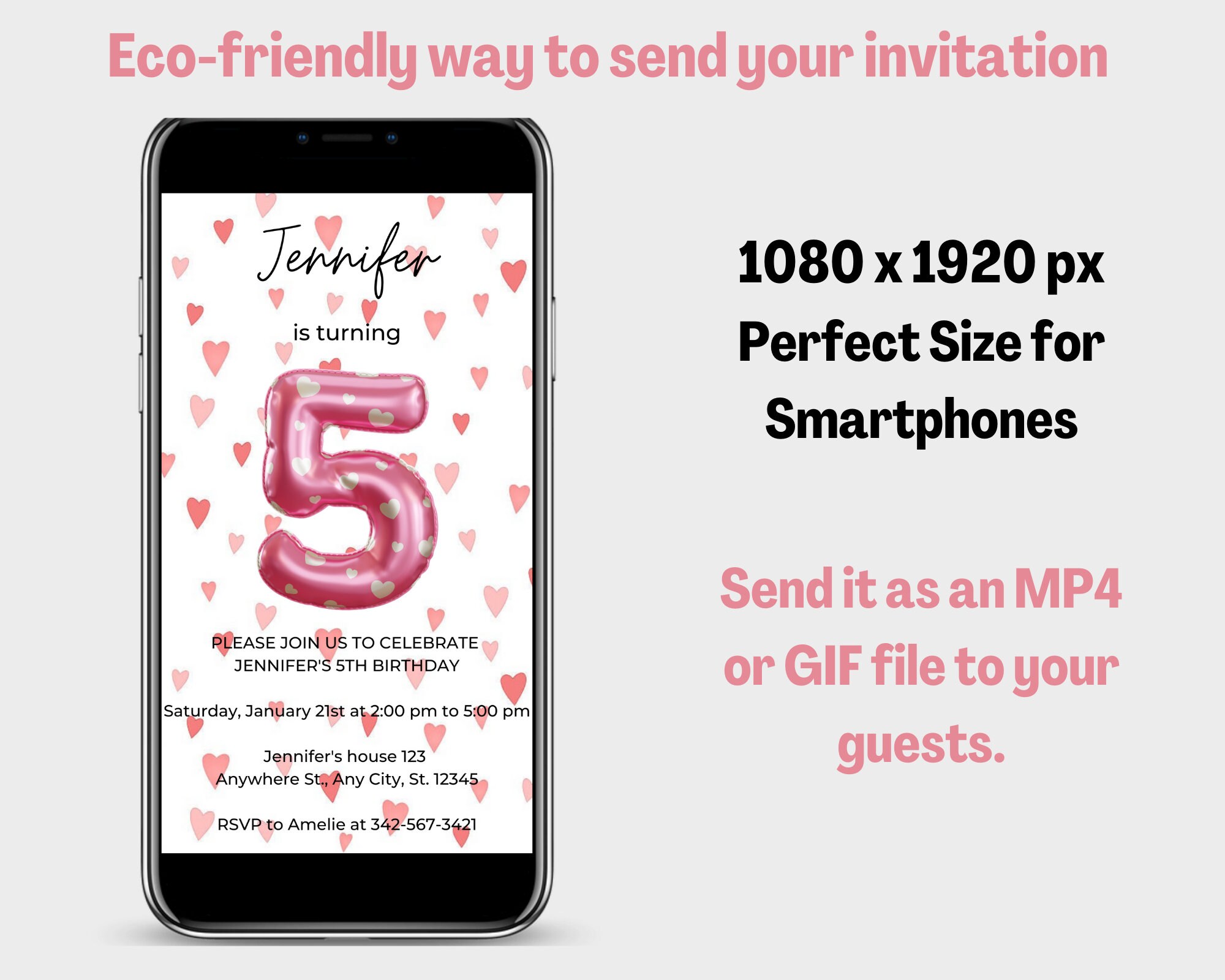 Editable Animated Birthday Invitation for a Girl, 5th Birthday ...