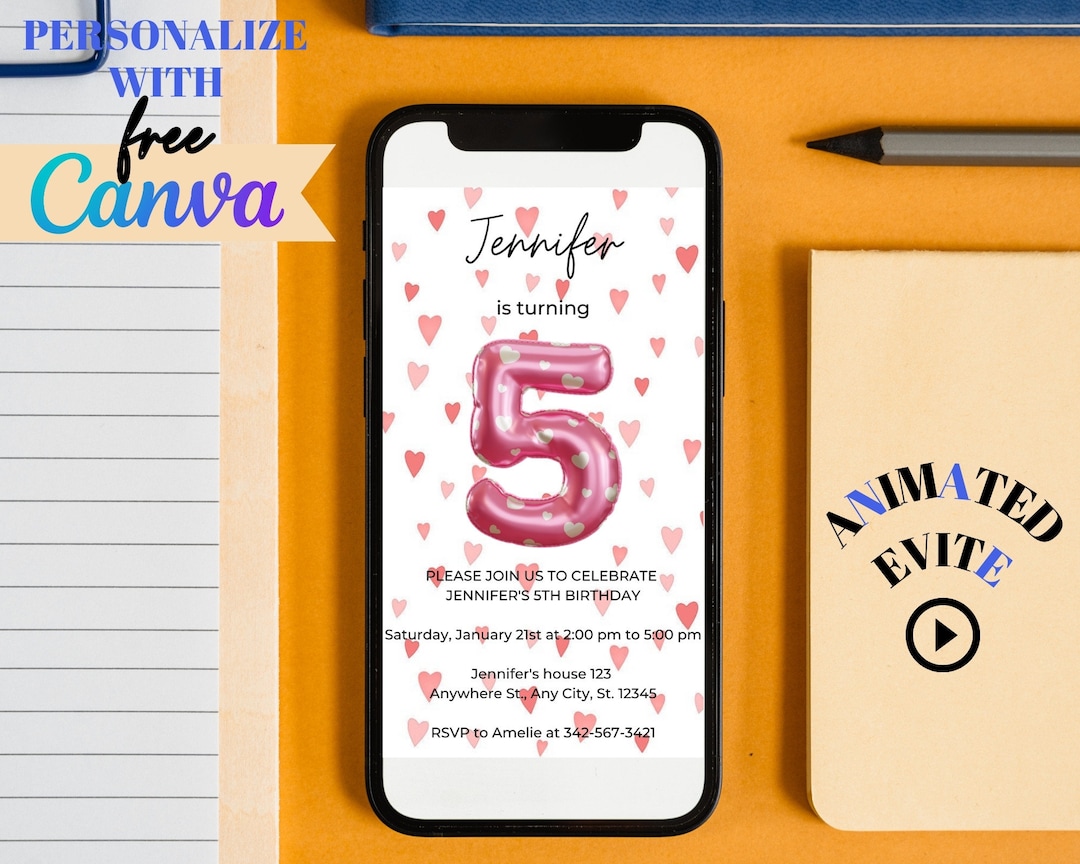 Editable Animated Birthday Invitation for a Girl, 5th Birthday ...