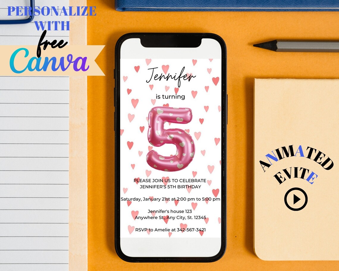 Editable Animated Birthday Invitation for a Girl, 5th Birthday ...