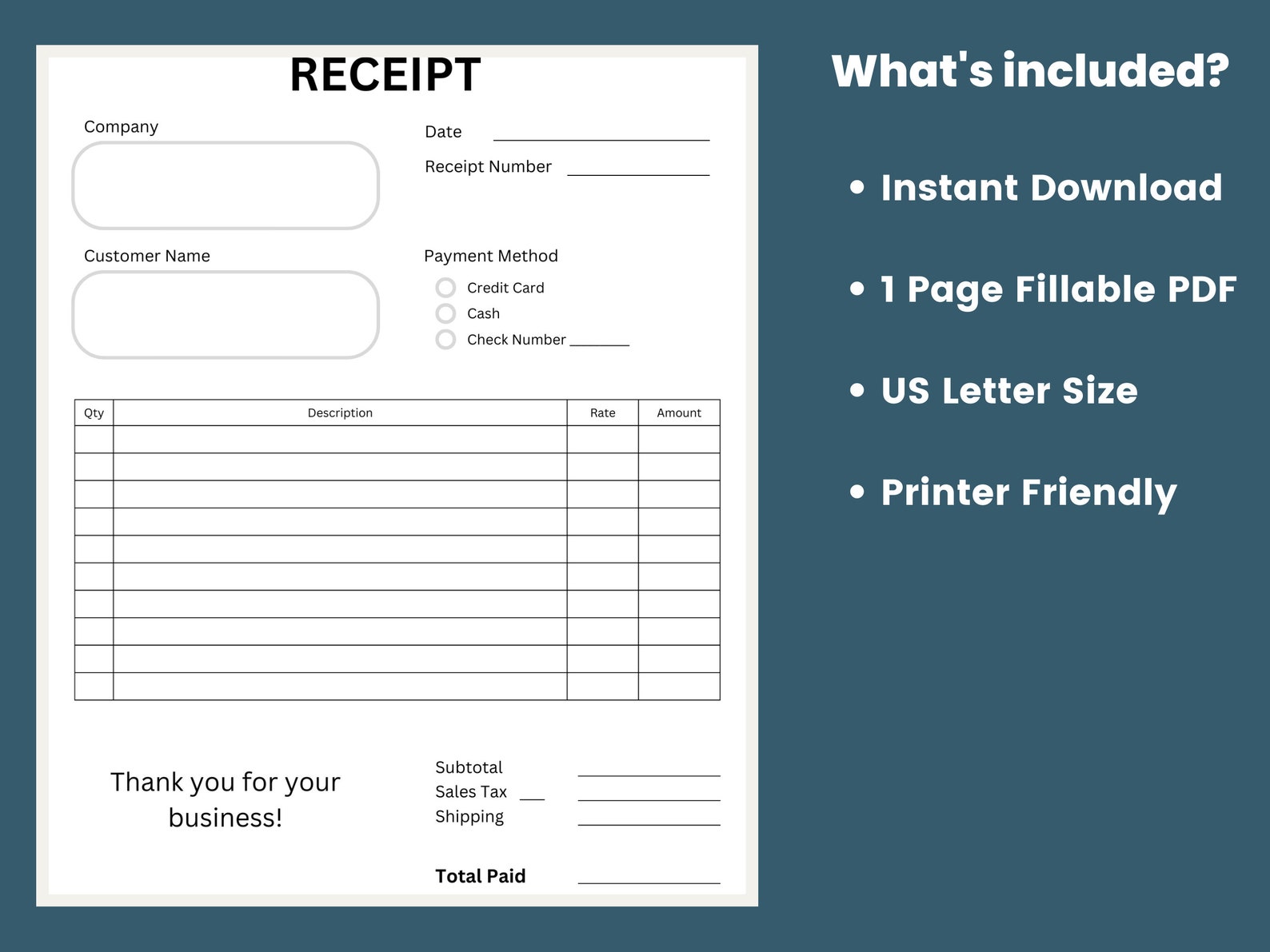 Receipt Template Fillable Receipt Printable Receipt - Etsy