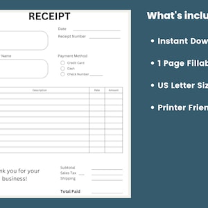 Receipt Template Fillable Receipt Printable Receipt - Etsy