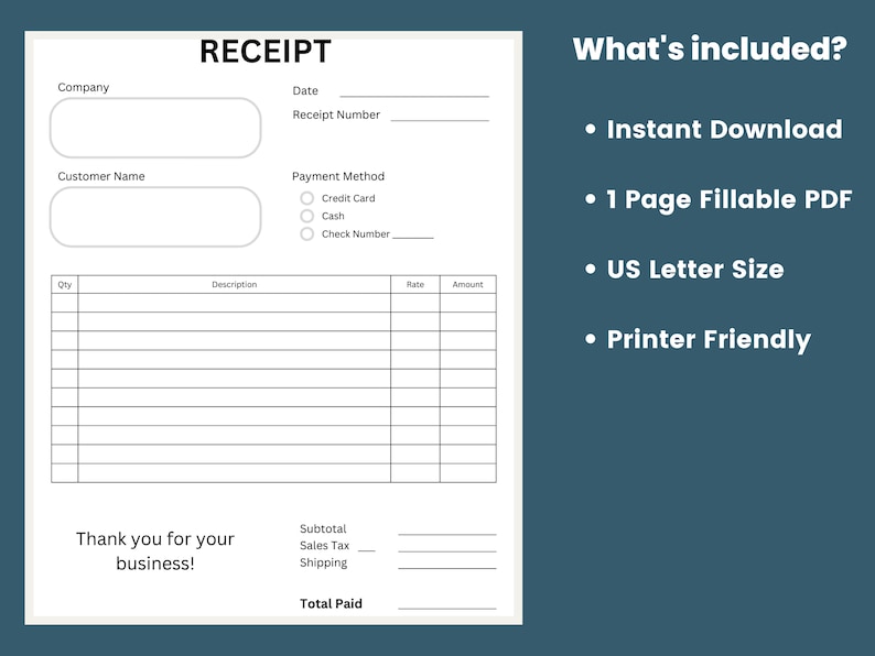 Receipt Template Fillable Receipt Printable Receipt - Etsy
