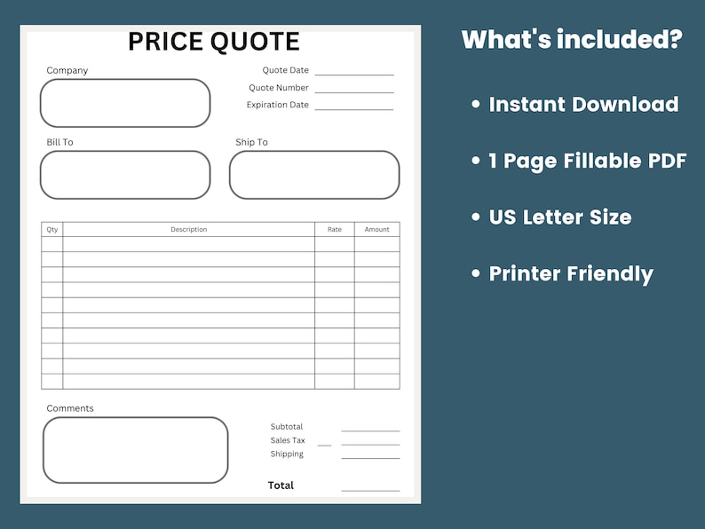 Price Quote Template | Fillable Price Quote | Printable Price Quote ...